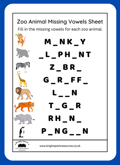 Zoo Animals Missing Vowels Sheet - Bright Spark Resources