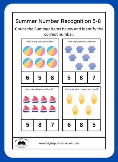 Summer Number Recognition 5-8 Activity - Bright Spark Resources